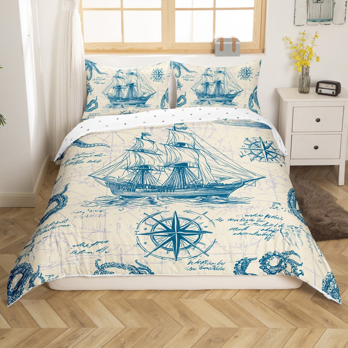 Erosebridal Vintage Sailboat Comforter Cover Queen, Nautical Compass ...
