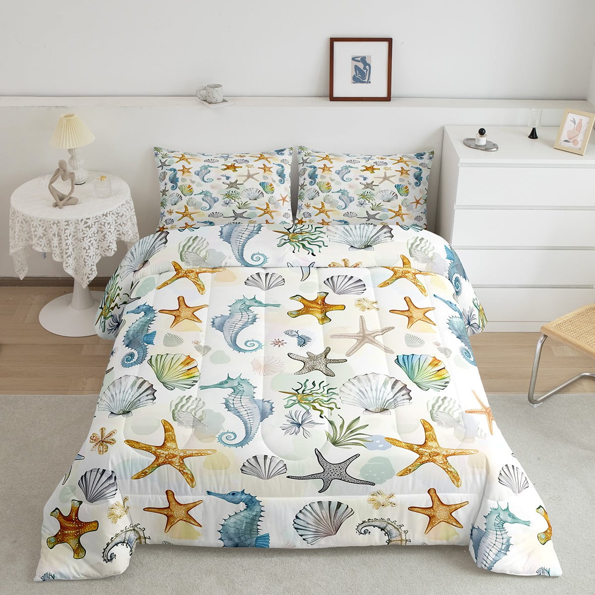 Erosebridal Vintage Starfish Comforter Sets King Size, Ocean Seashell ...