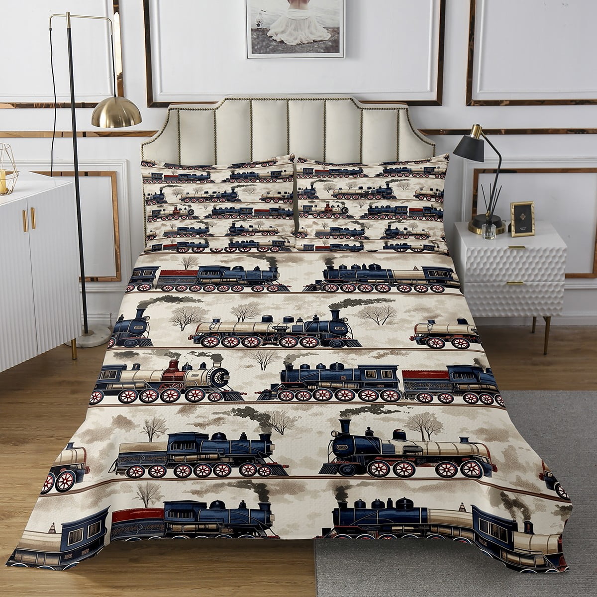 Erosebridal Vintage Steam Engine Quilt Sets for Twin Size Bed, Retro ...