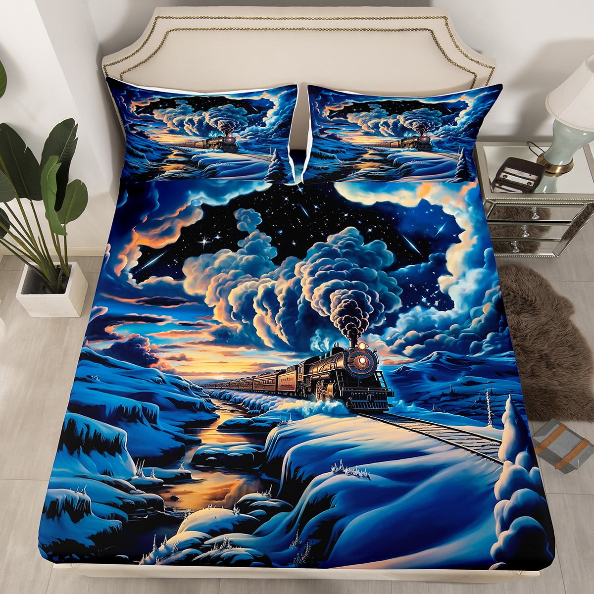 Erosebridal Vintage Train Fitted Sheet Full, Steam Engine Bedding Set ...