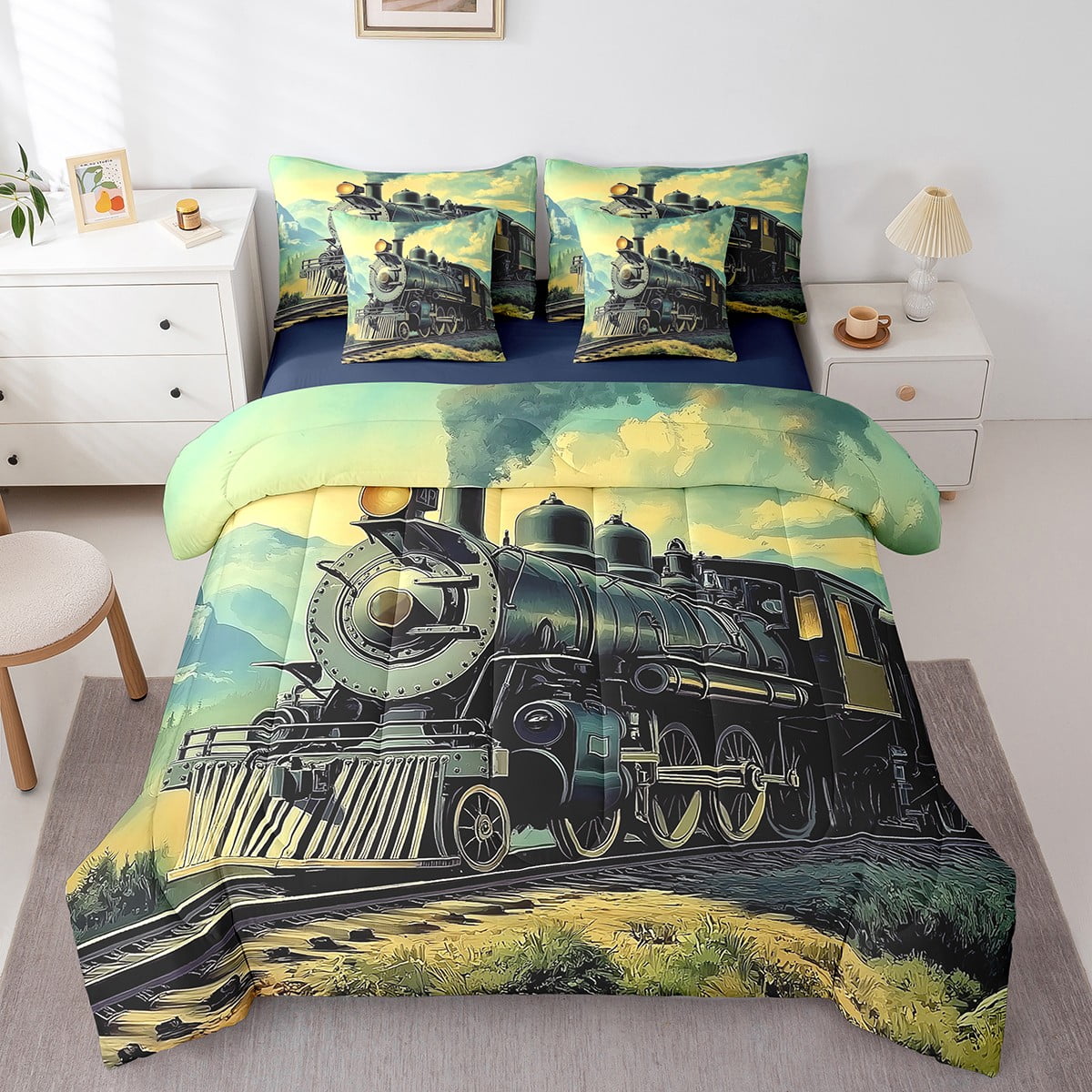 Erosebridal Vintage Train Print Bed in a Bag Twin size 7 Pieces, Yellow ...