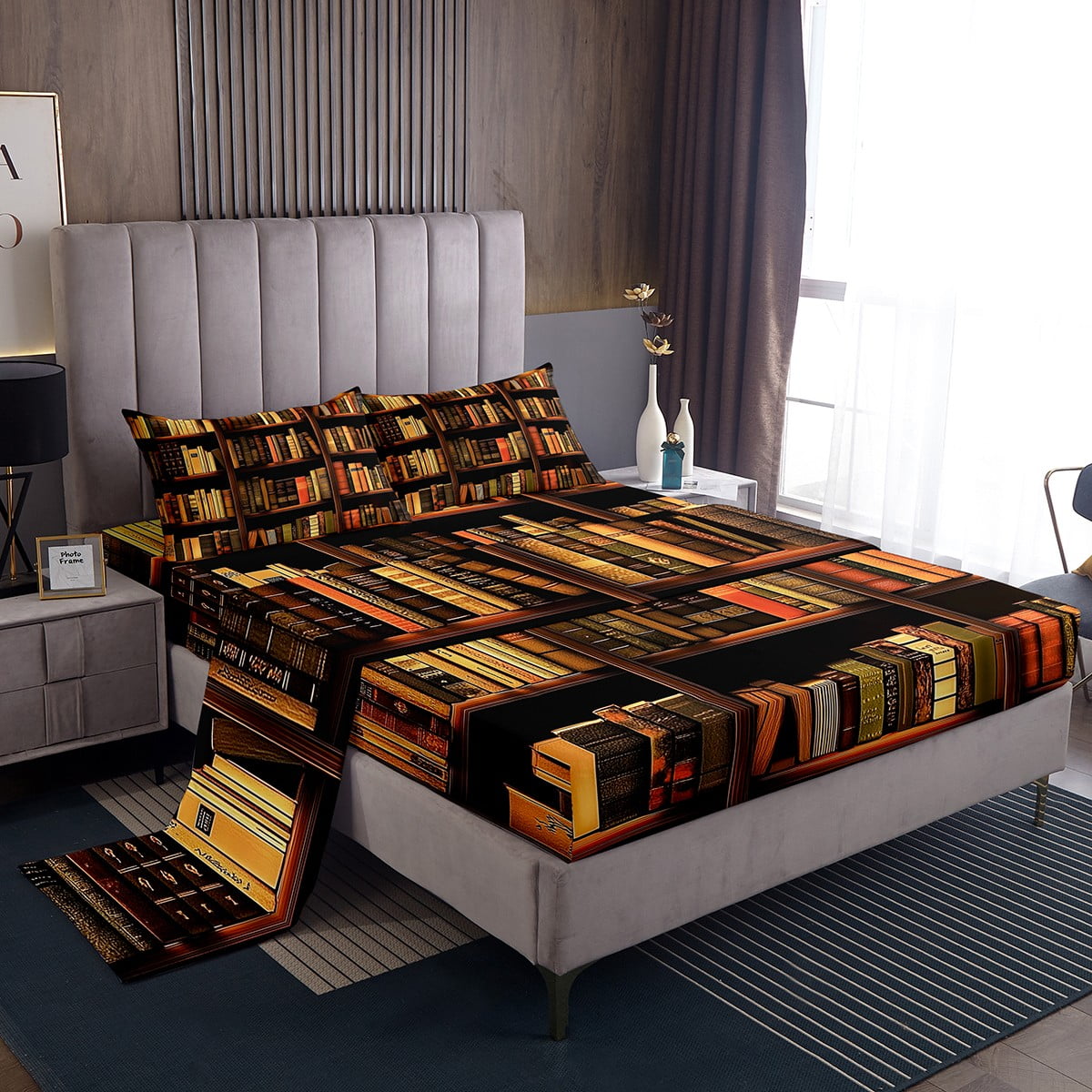 Erosebridal Vintage Wooden Bookshelf Bed Sheets Set Queen Size, Old ...