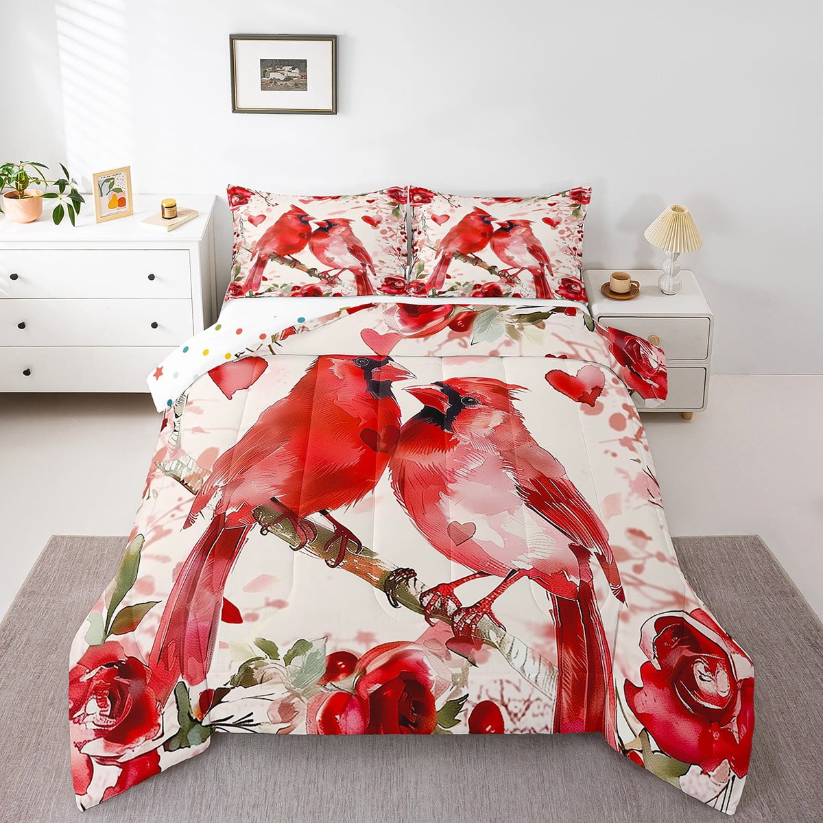 Erosebridal Watercolor Cardinal Bird Bedding Full Comforter Set, Couple ...