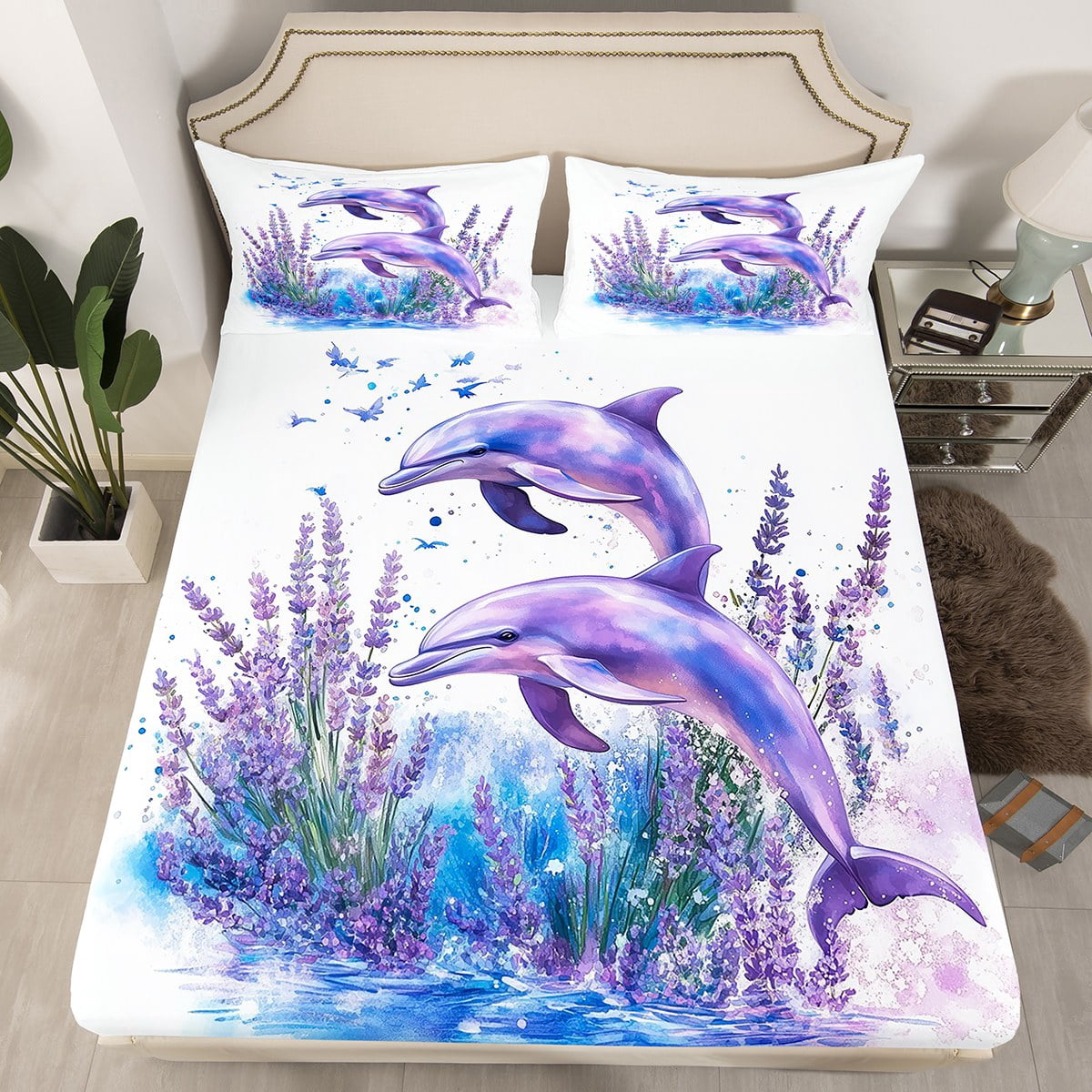 Erosebridal Watercolor Dolphin Fitted Sheet Set Full, Purple Lavender ...