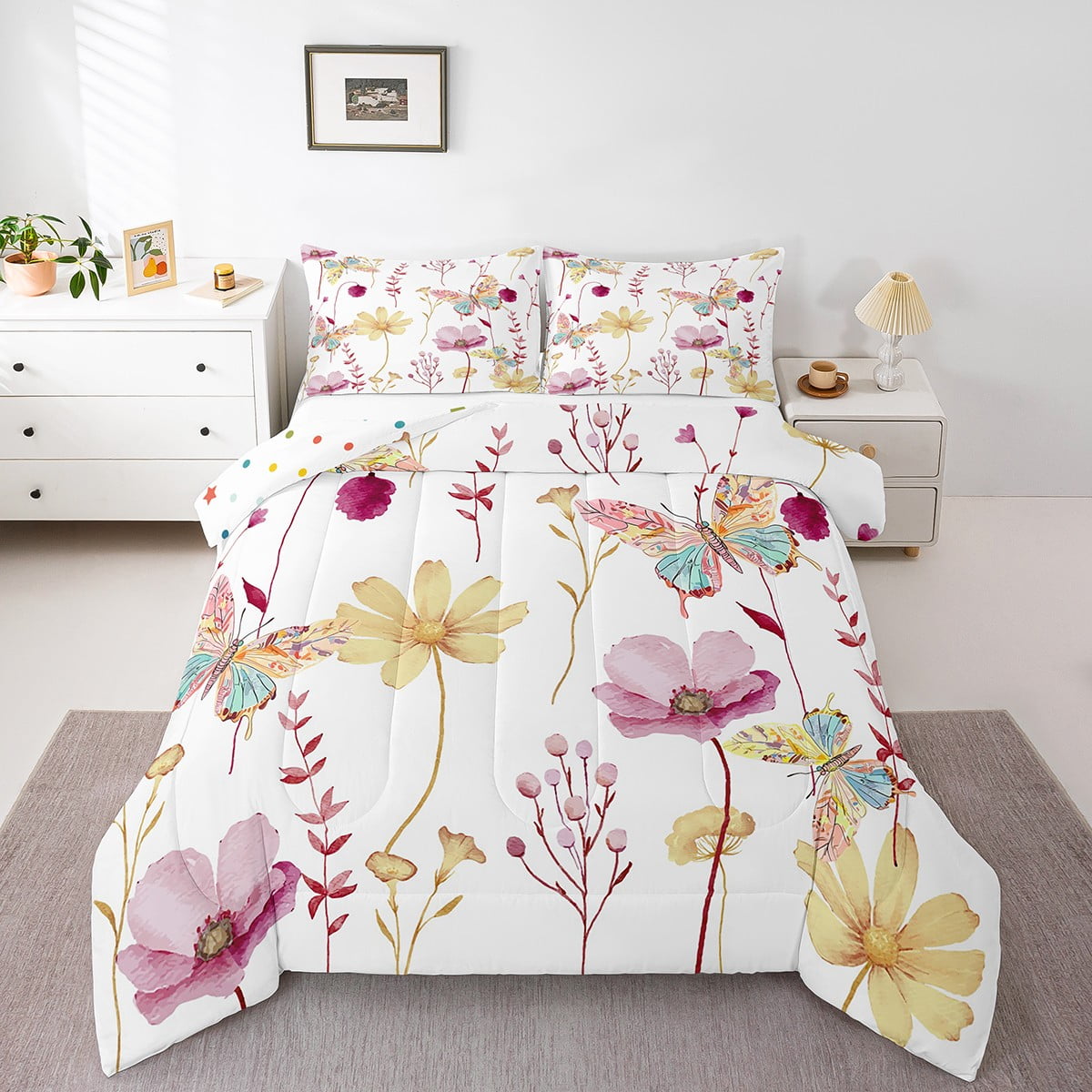 Erosebridal Watercolor Floral Butterfly Bedding Set King, Hot Pink ...