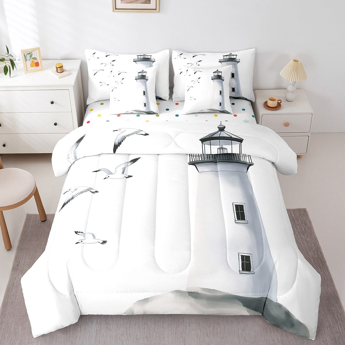 Erosebridal Watercolor Nautical Lighthouse Bed in a Bag Queen Size ...