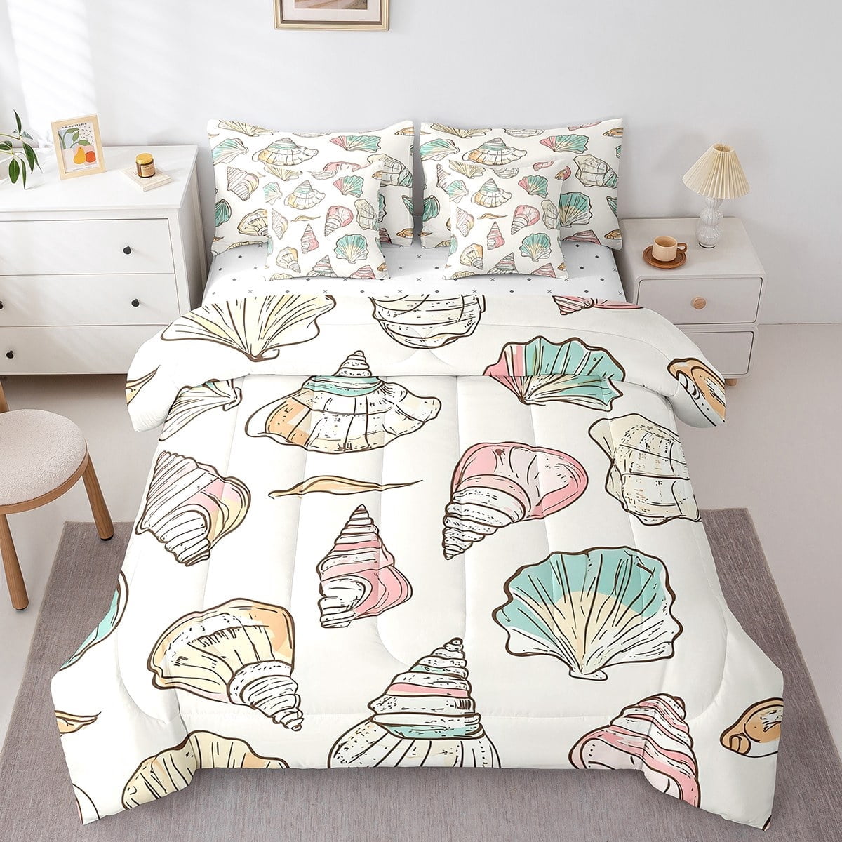 Erosebridal Watercolor Sea Shell Conch Bedding King Size, Coastal Beach ...