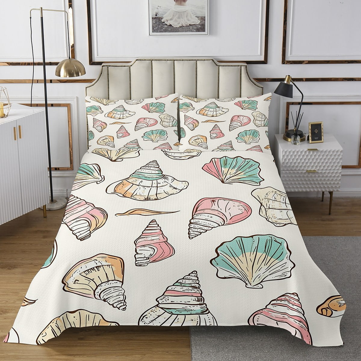 Erosebridal Watercolor Sea Shell Conch Coverlet Set King, Coastal Beach ...