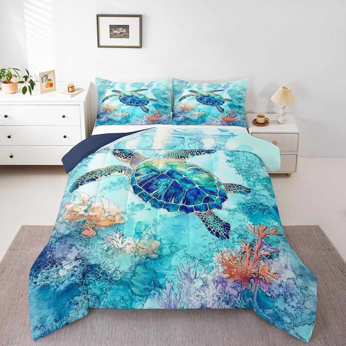 Erosebridal Watercolor Sea Turtle Comforter Sets Full Size, Aqua ...