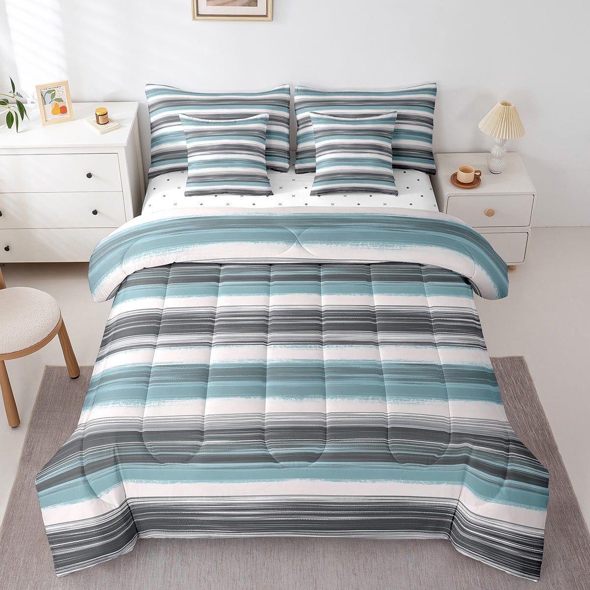 Erosebridal Watercolor Teal Gray Bedding Sets Queen Size, Ombre Stripes ...