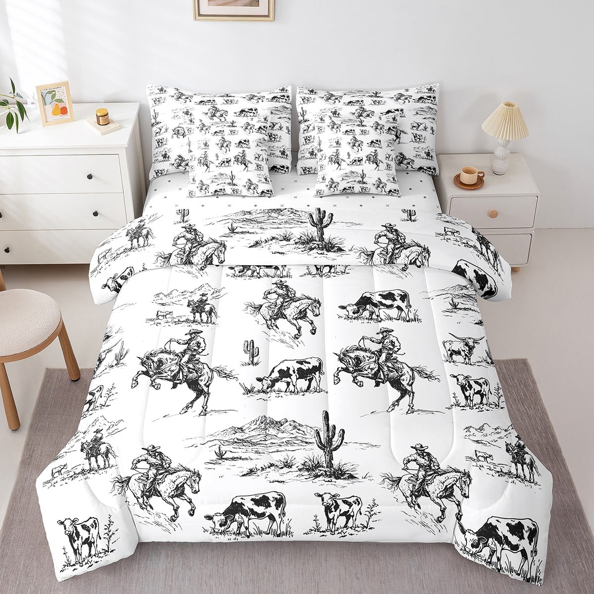 Erosebridal Western Cowboy Bedding Sets Twin Size, Sketch Cactus Cow ...