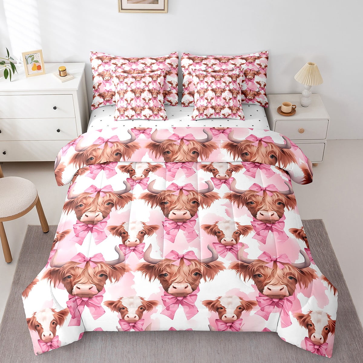 Erosebridal Western Cowgirl Bedding King Size, Pink Bow Highland Cattle Bed in a Bag King size ...