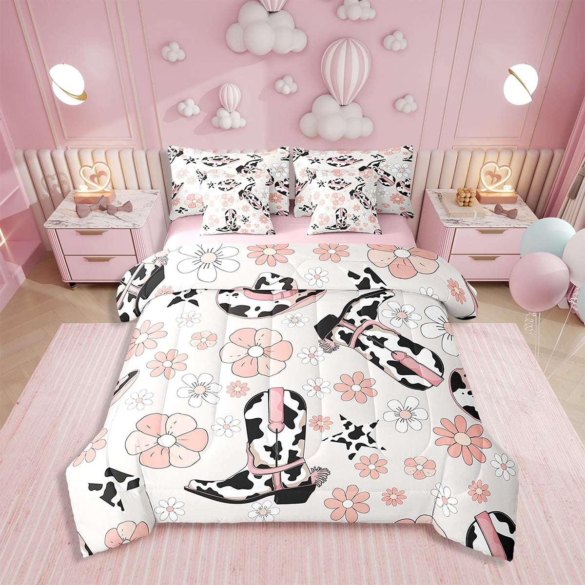 Erosebridal Western Cowgirl Full Bedding Set,Pink Floral Milk Cow Print ...