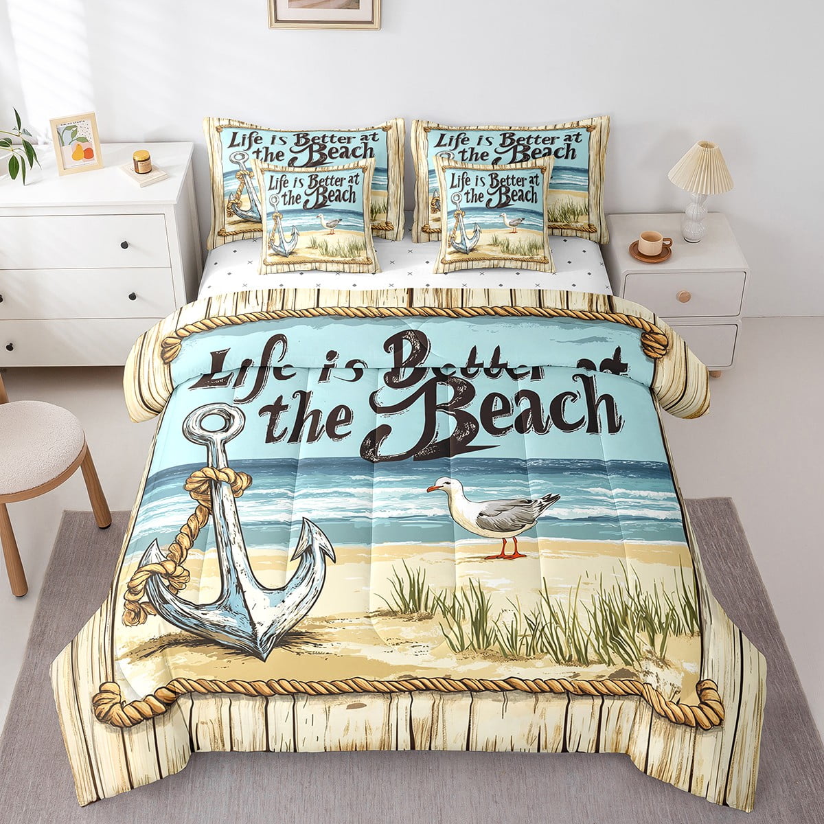 Erosebridal White Anchor Bed in a Bag Full size,Sand Beach Seagull Bed Set,Ocean Bedroom Decor ...