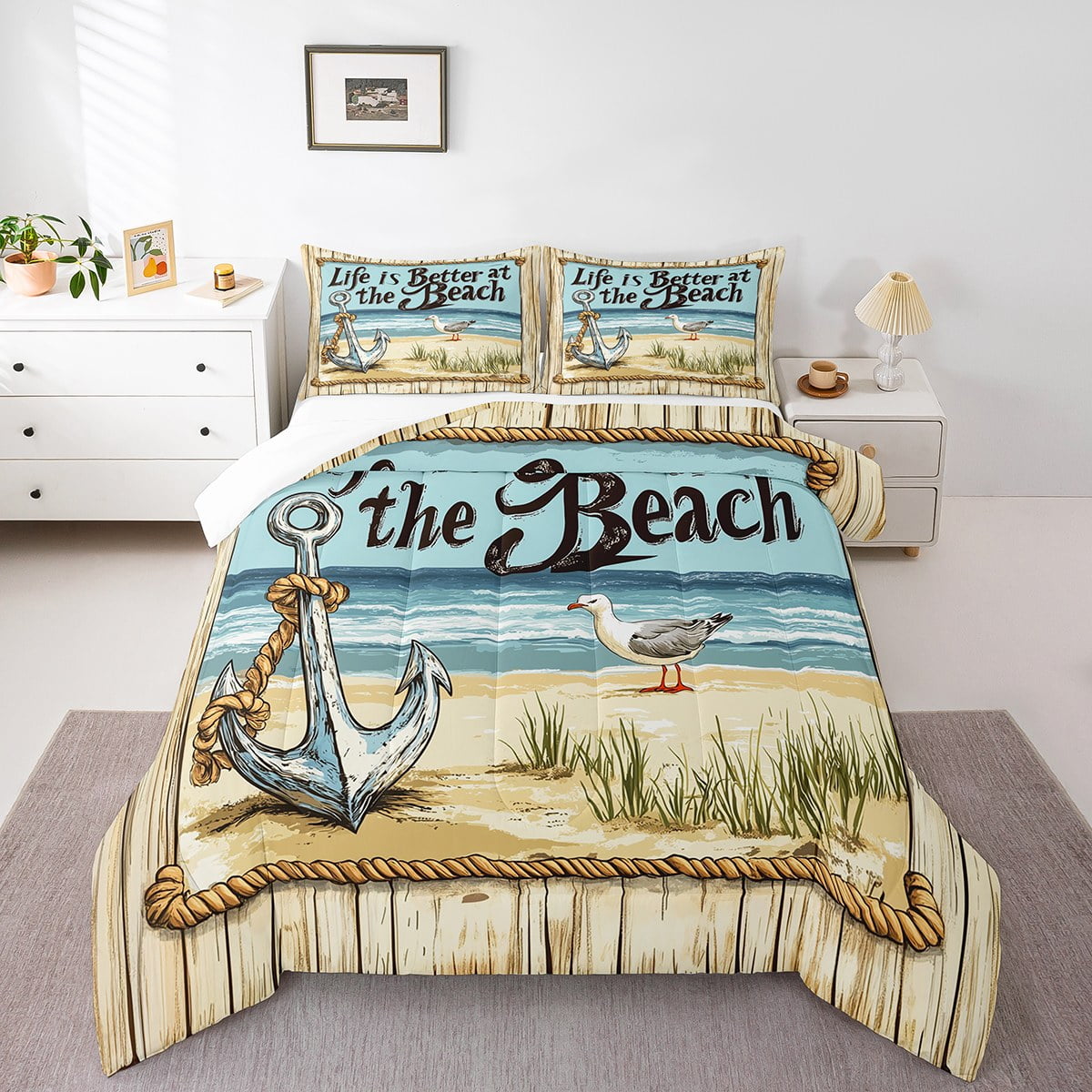 Erosebridal White Anchor Comforter Sets Queen Size,Sand Beach Seagull ...
