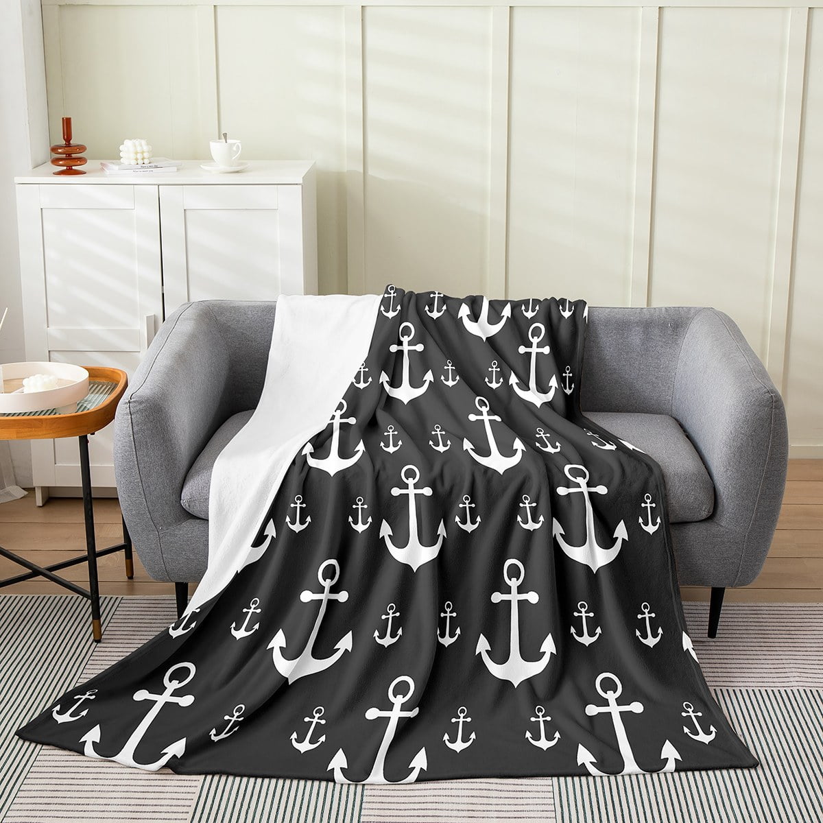 Erosebridal White Anchor Sherpa Blanket 50x60,Nautical Theme Fuzzy ...