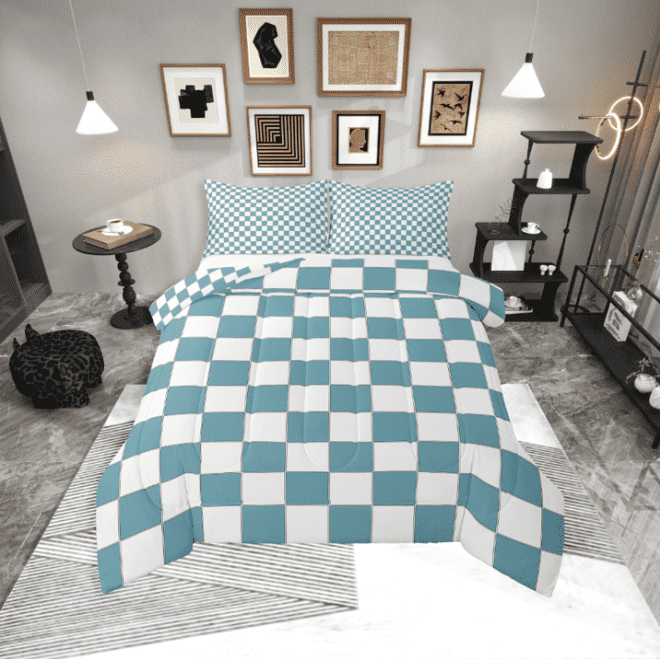Erosebridal White Blue Checkered Comforter Set Full Size Buffalo Plaid ...