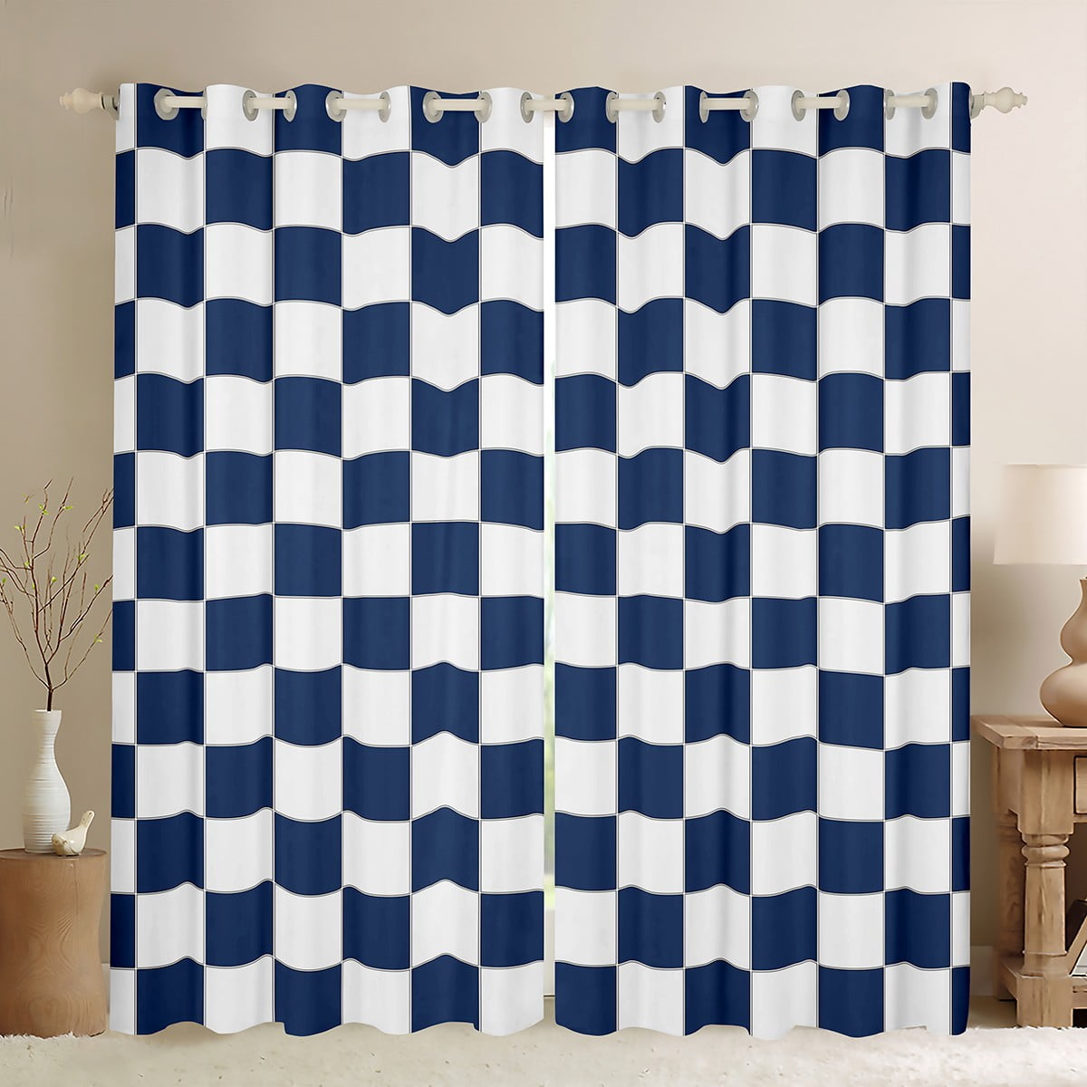 Erosebridal White Blue Plaid Curtains & Drapes (42Wx90L) Navy Blue ...