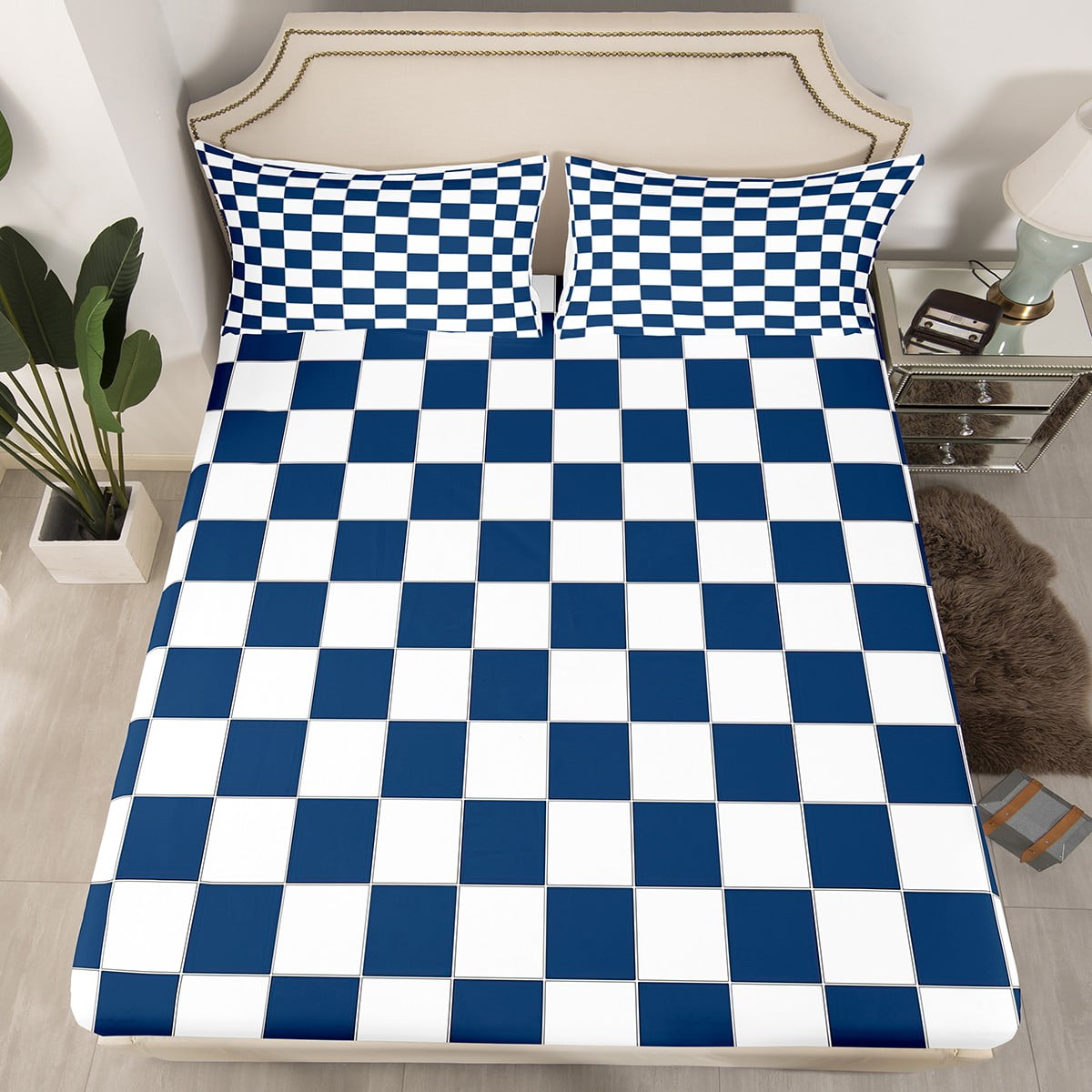 Erosebridal White Blue Plaid Fitted Sheet Queen Navy Blue Checkerboard ...