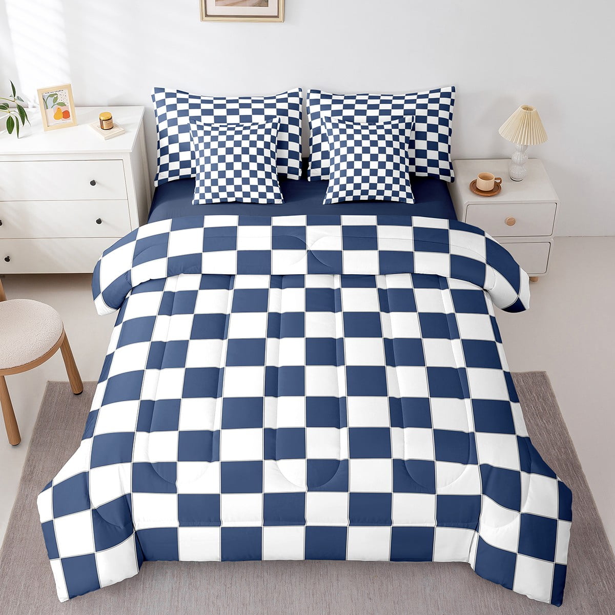 Erosebridal White Blue Plaid Full Comforter Set With Sheets 7 Piece ...