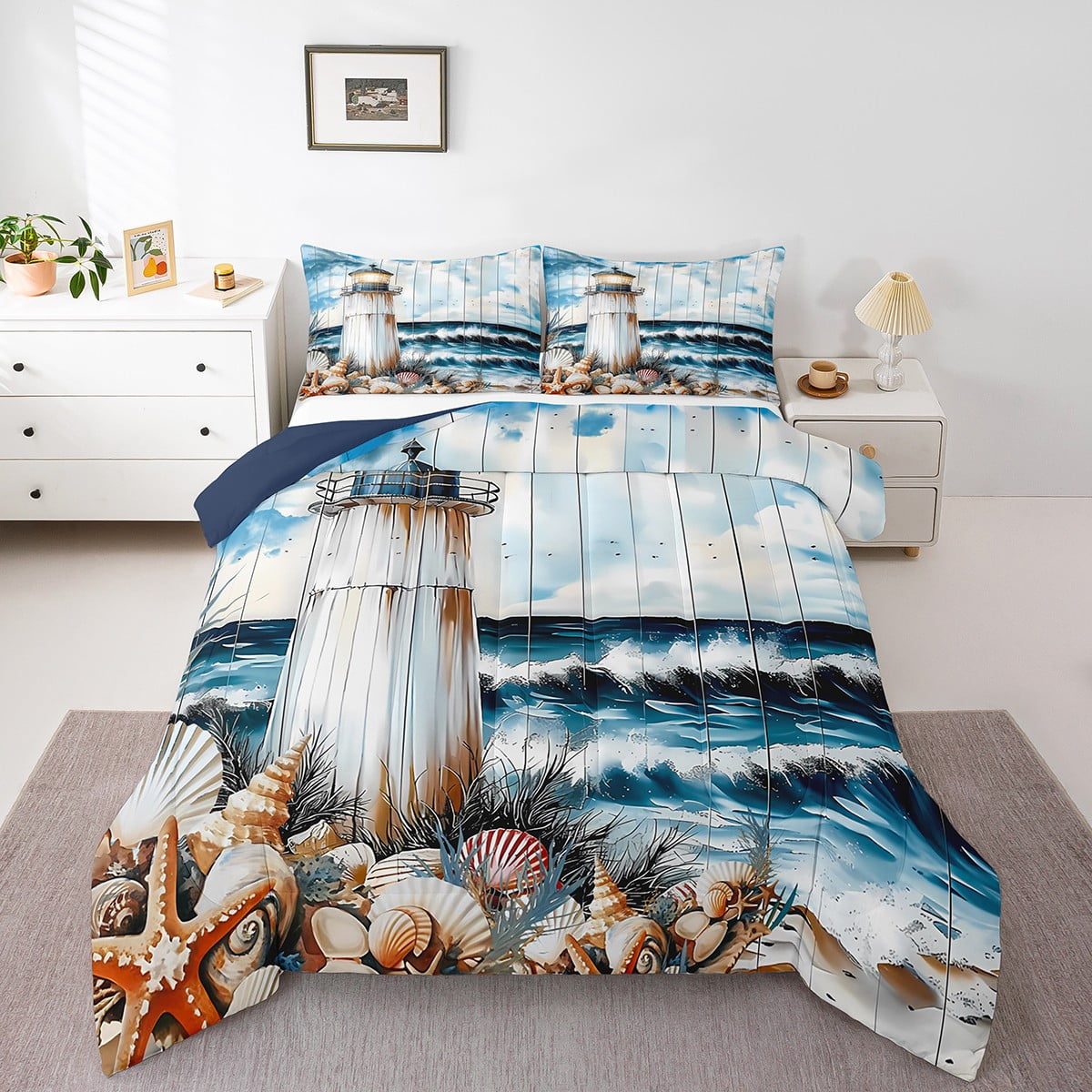 Erosebridal White Lighthouse Bedding King Comforter Set,Ocean Theme ...