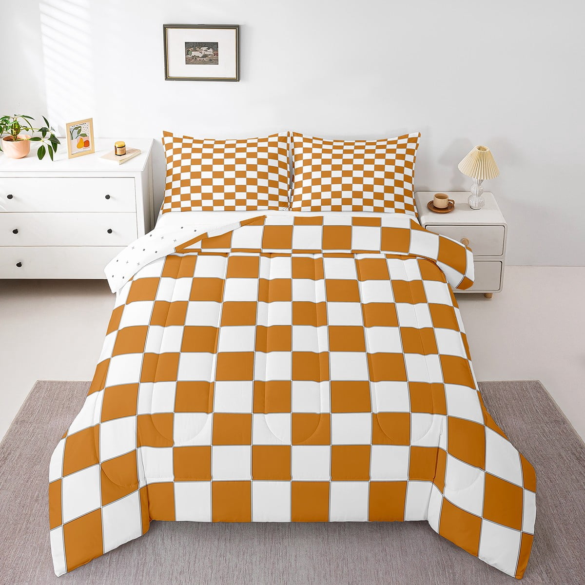 Erosebridal White Orange Checkered Bedding Set Twin Buffalo Plaid Grid ...