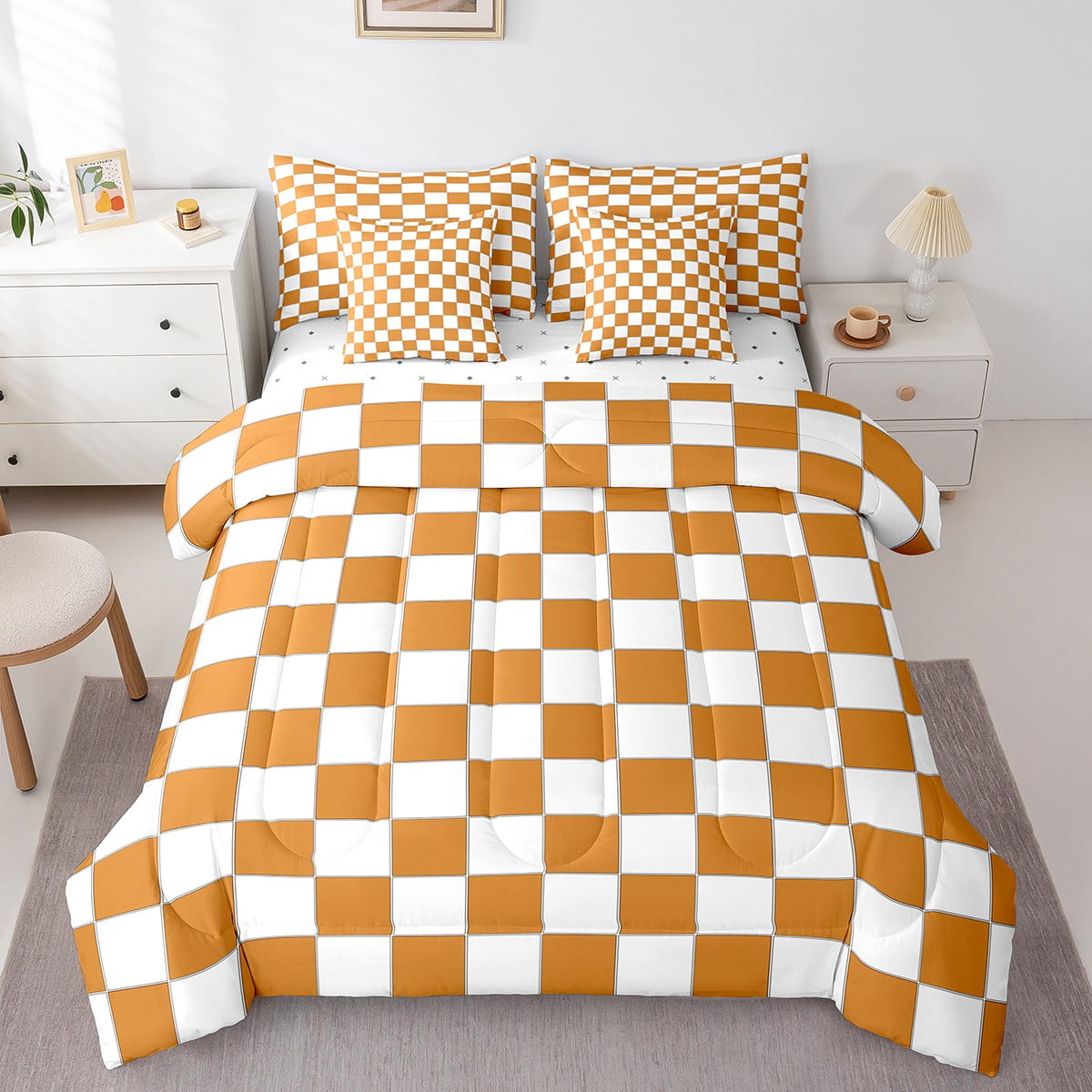 Erosebridal White Orange Checkered King Bedding Set 7 Piece Buffalo ...