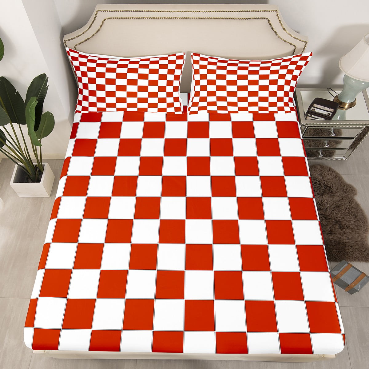 Erosebridal White Rust Red Checkered Bed Sheets Buffalo Plaid Grid ...