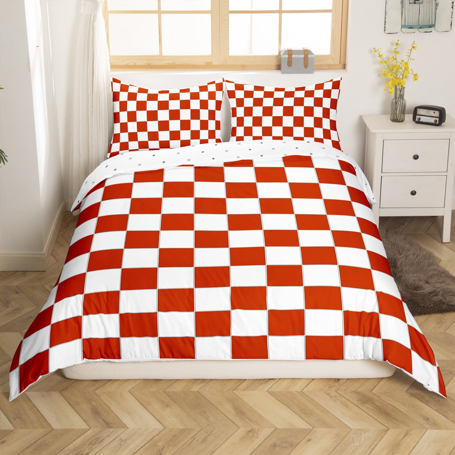 Erosebridal White Rust Red Checkered Bedding Set Buffalo Plaid Grid ...