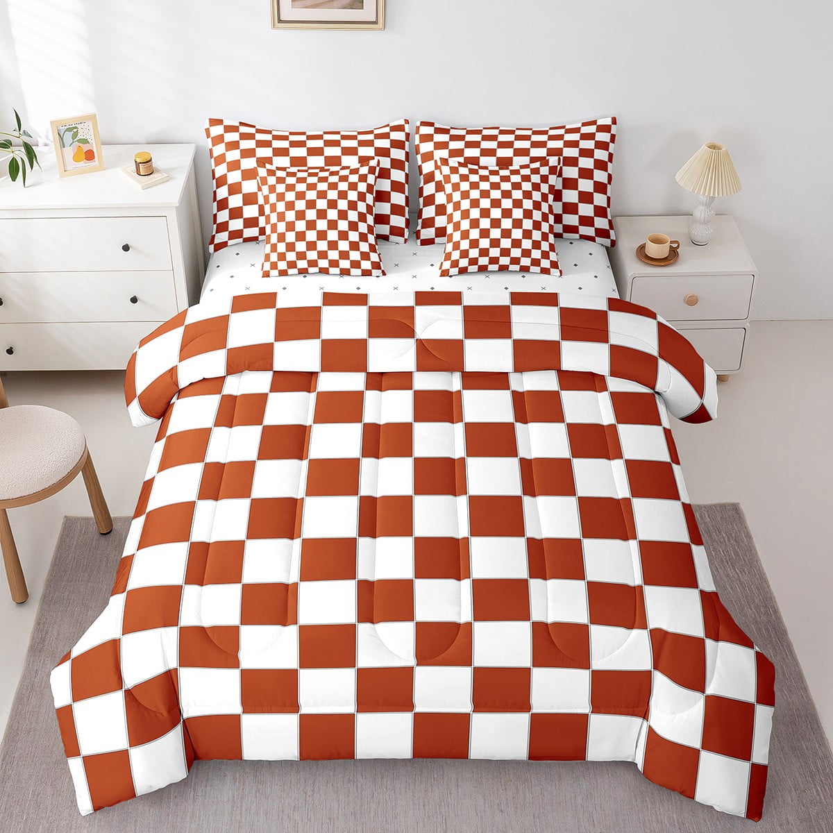 Erosebridal White Rust Red Checkered Queen Bedding Set 7 Piece Buffalo ...