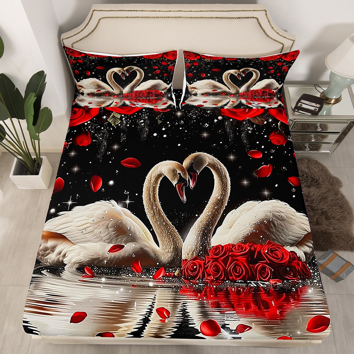 Erosebridal White Swan Bed Sheets 3D Rose Fitted Sheet for Kids Boys ...