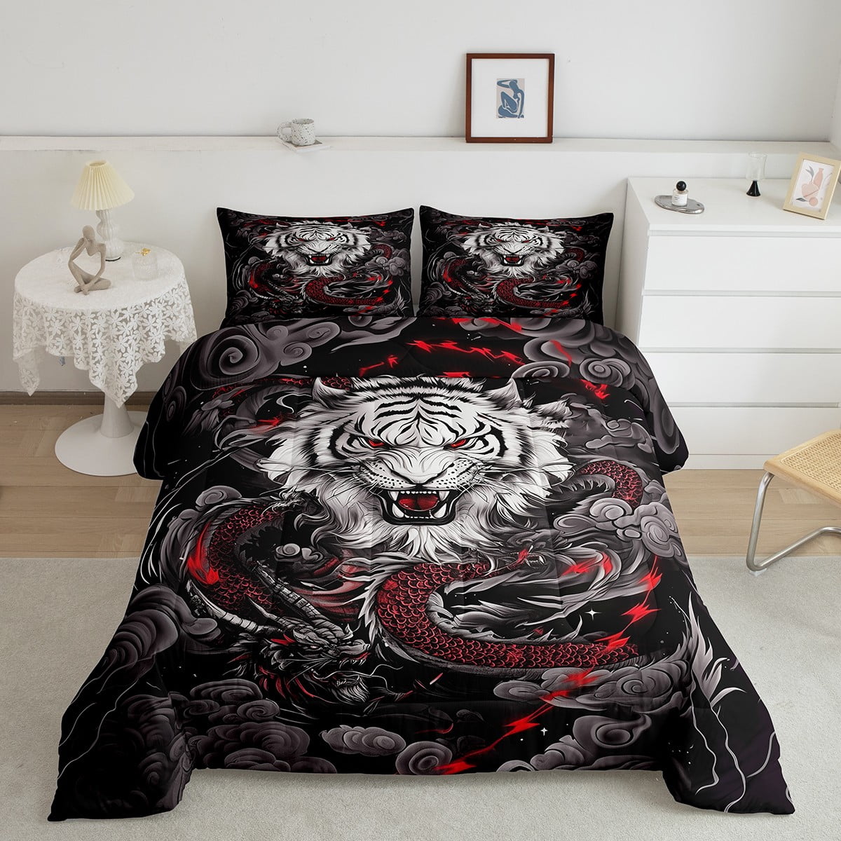Erosebridal White Tiger Bedding Sets Twin with Comforter, Cool Dragon ...