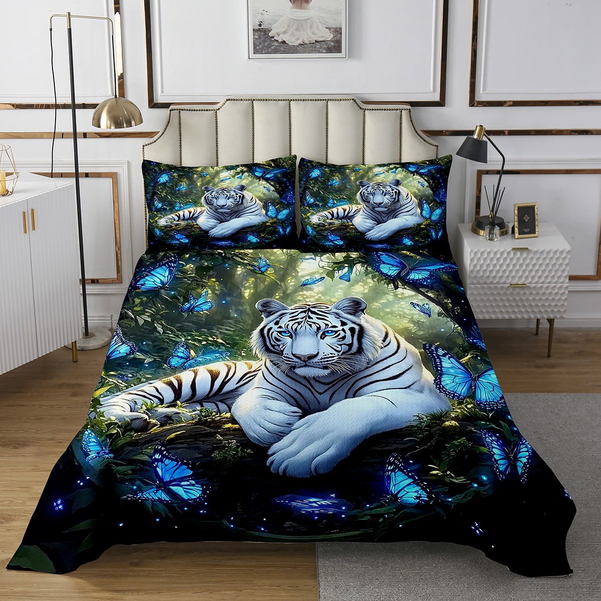 Erosebridal White Tiger Quilt Sets for King Size Bed, Magic Jungle Blue ...