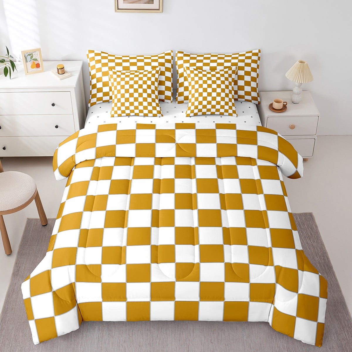 Erosebridal White Yellow Checkered Full Bedding Set 7 Piece Buffalo ...