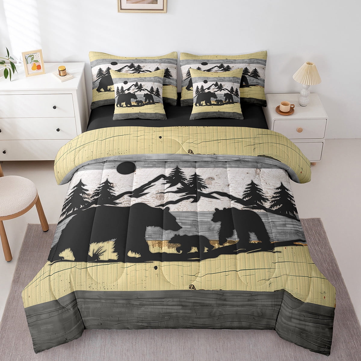 Erosebridal Wild Animal Bear Bed in a Bag King Size,Retro Rustic Cabin Bed Set,Plant Pine Tree ...