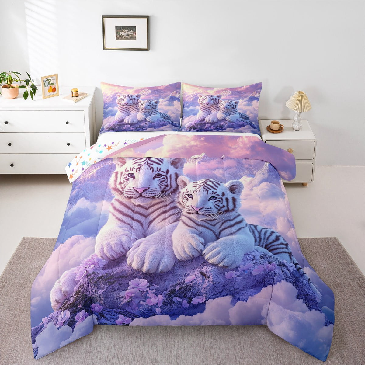 Erosebridal Wild Animal Tiger Bedding Twin Comforter Set,Purple Floral ...