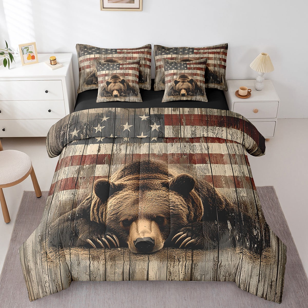 Erosebridal Wild Bear Bedding Sets Queen Size, Retro USA Flag Comforter ...