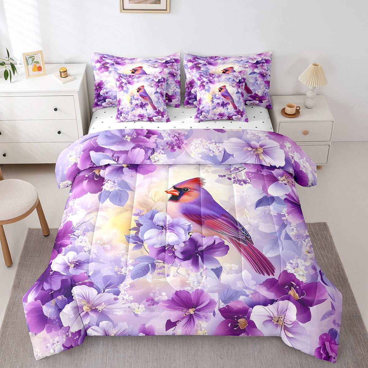 Erosebridal Bird Bedding Sets Twin Size,Purple Flower Comforter Sets ...