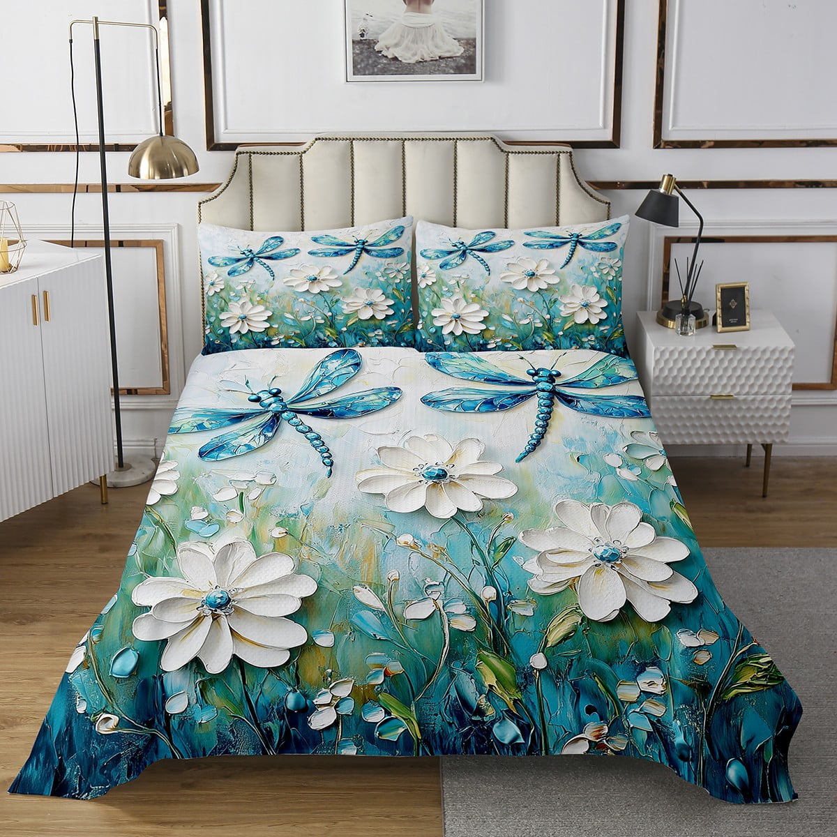 Erosebridal Dragonfly Bedspread Sets Twin Size,White Flower Bed Quilt ...