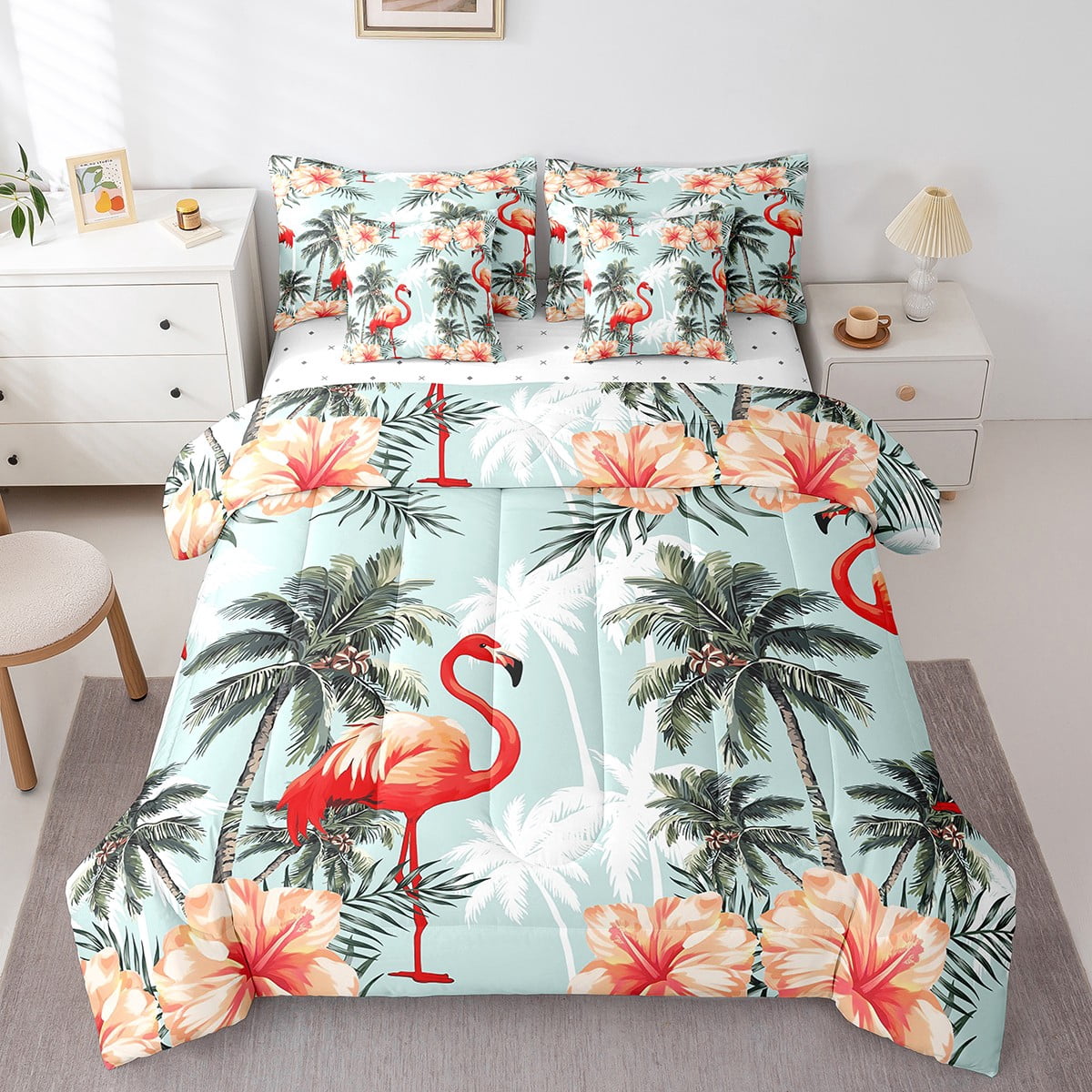 Erosebridal Wild Flamingo Bed in a Bag Queen size, Tropical Tree Flower ...
