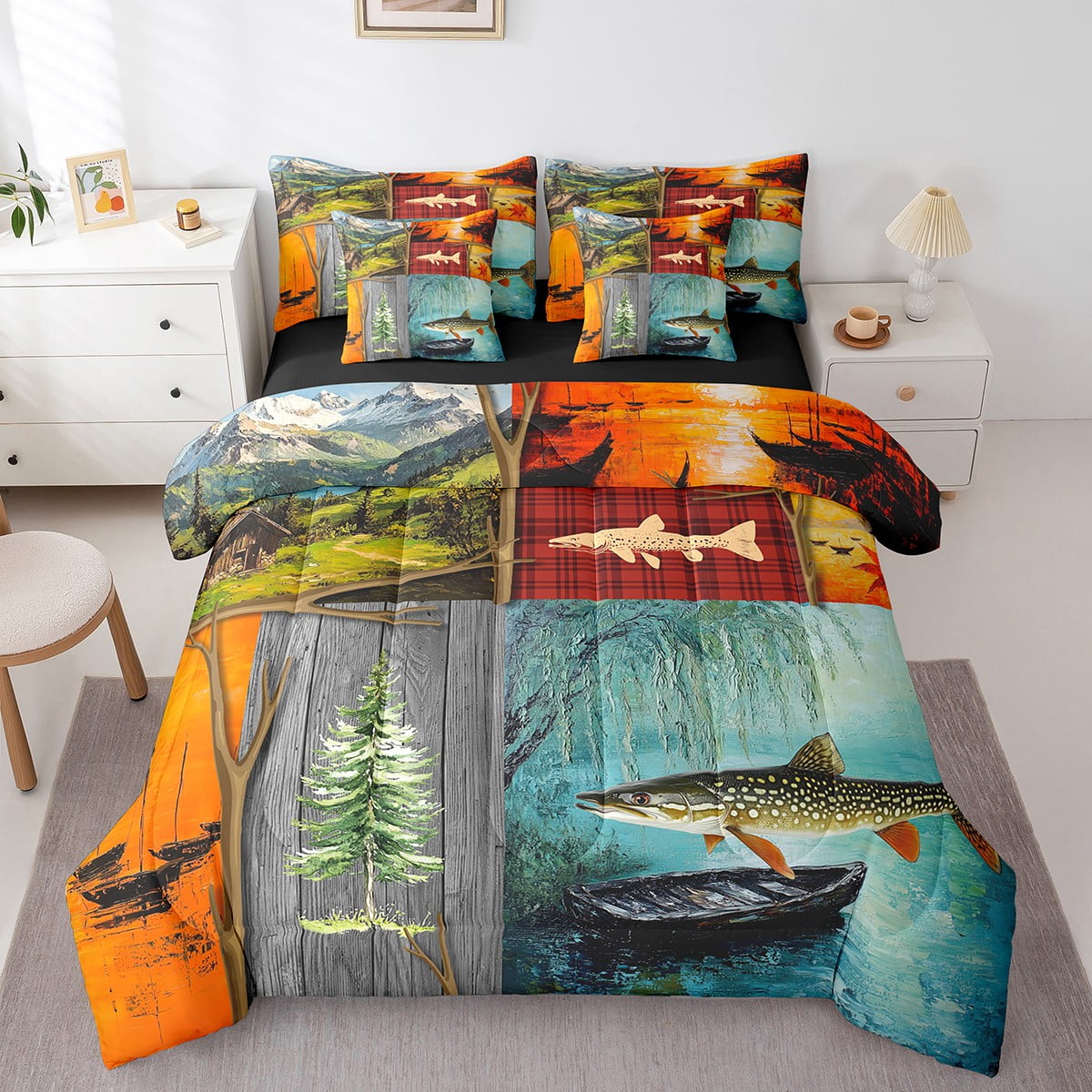 Erosebridal Wild Pike Fish Bed in a Bag Queen Size, Rustic Lake House ...