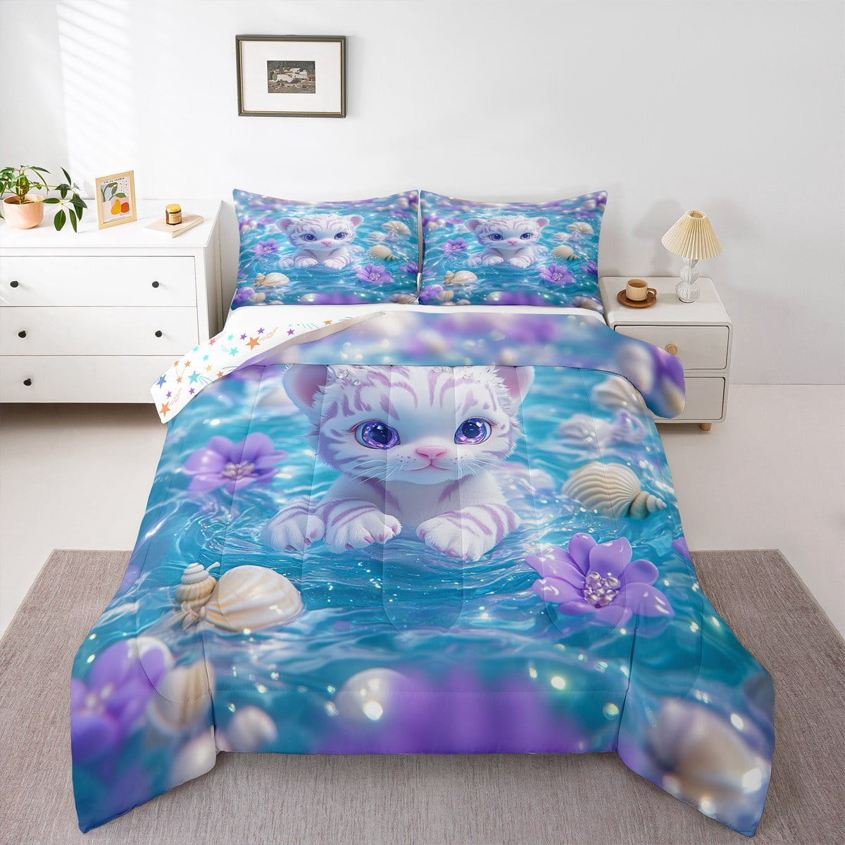 Erosebridal Wild Tiger Comforter Sets Full Size,Purple Ocean Floral ...