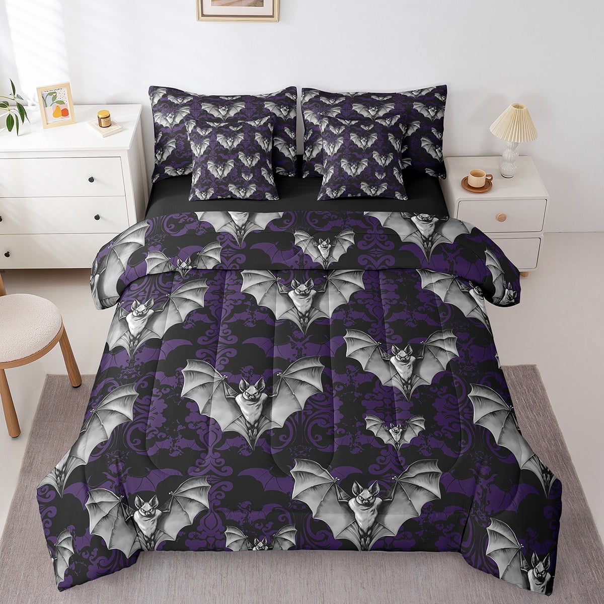 Erosebridal Wildlife Bats Bedding Sets Twin Size,Purple Grey Comforter ...