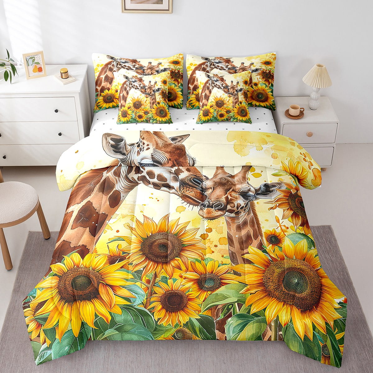 Erosebridal Wildlife Giraffe Bed in a Bag Full size,Floral Sunflower ...