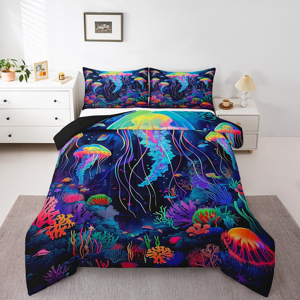 Erosebridal Wildlife Jellyfish Comforter Sets Queen Size,Underwater World Bedding Queen ...