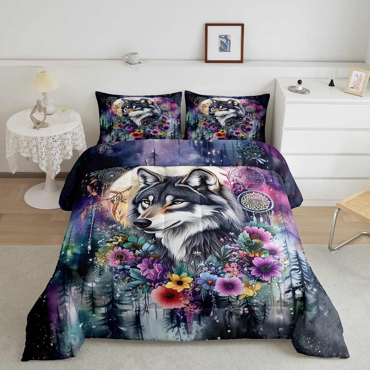 Erosebridal Wildlife Wolf Bedding Queen Comforter Set, Galaxy Floral ...