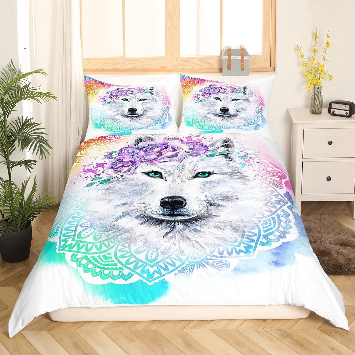 Erosebridal Wolf Bedding Set Lotus Tie Dye Comforter Cover Mandala ...