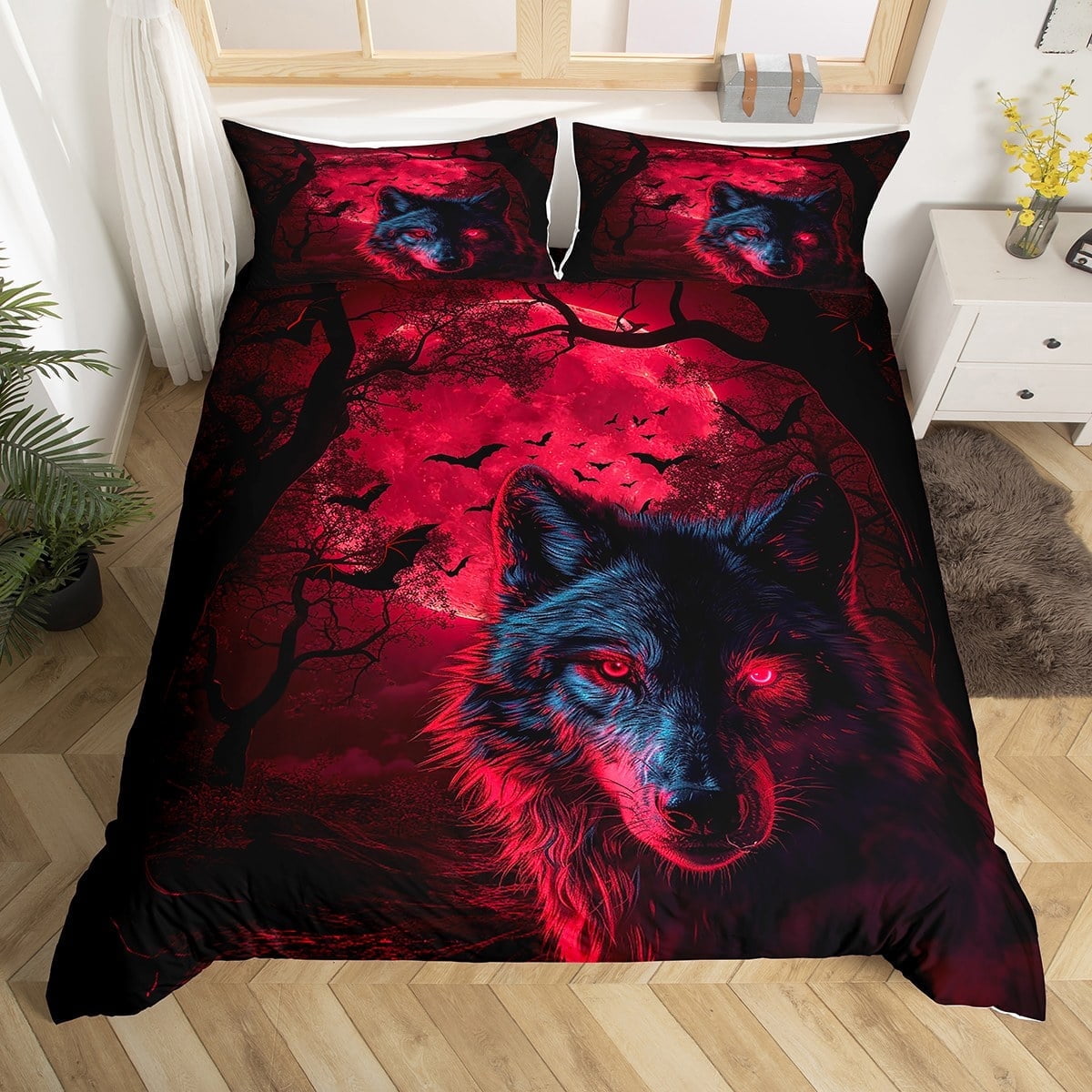 Erosebridal Wolf Duvet Cover Queen Size,Red Moon Wolf Bedding Set ...