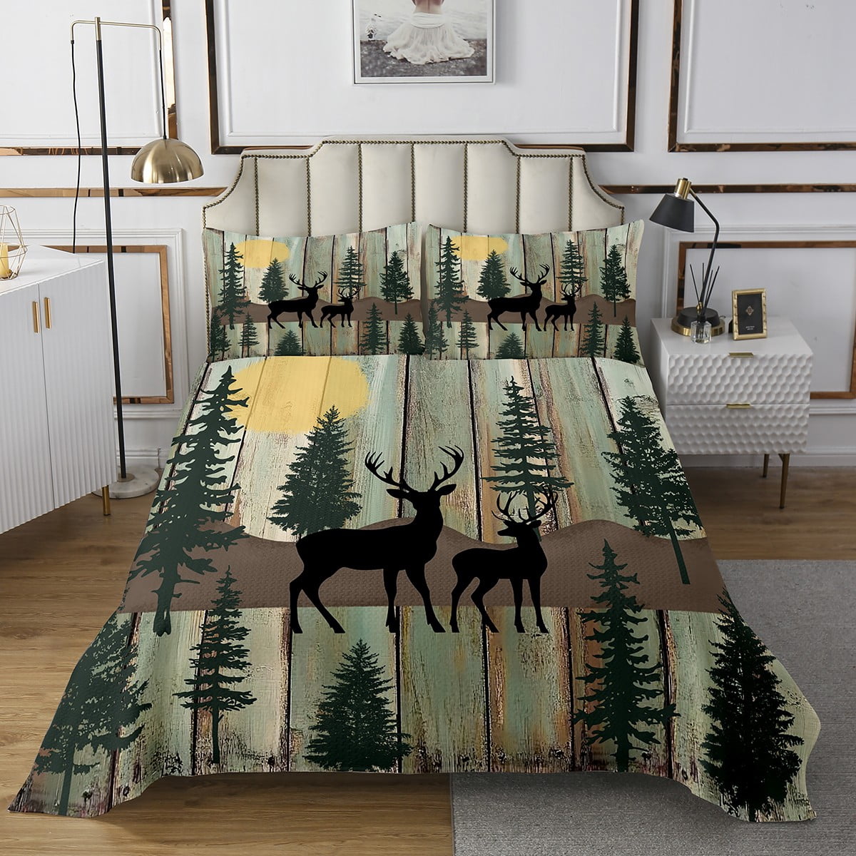 Erosebridal Wooden Plank Quilt Sets for Queen Size Bed, Reindeer Elk ...
