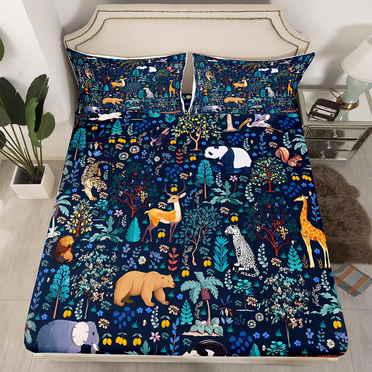 Erosebridal Woodland Animal Fitted Sheet Full,Elephant Deer Leopard ...